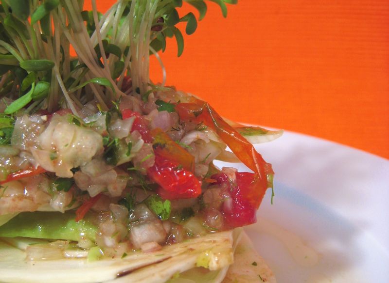 Mille-feuilles de fenouil et avocat, sauce diablotin - FemininBio